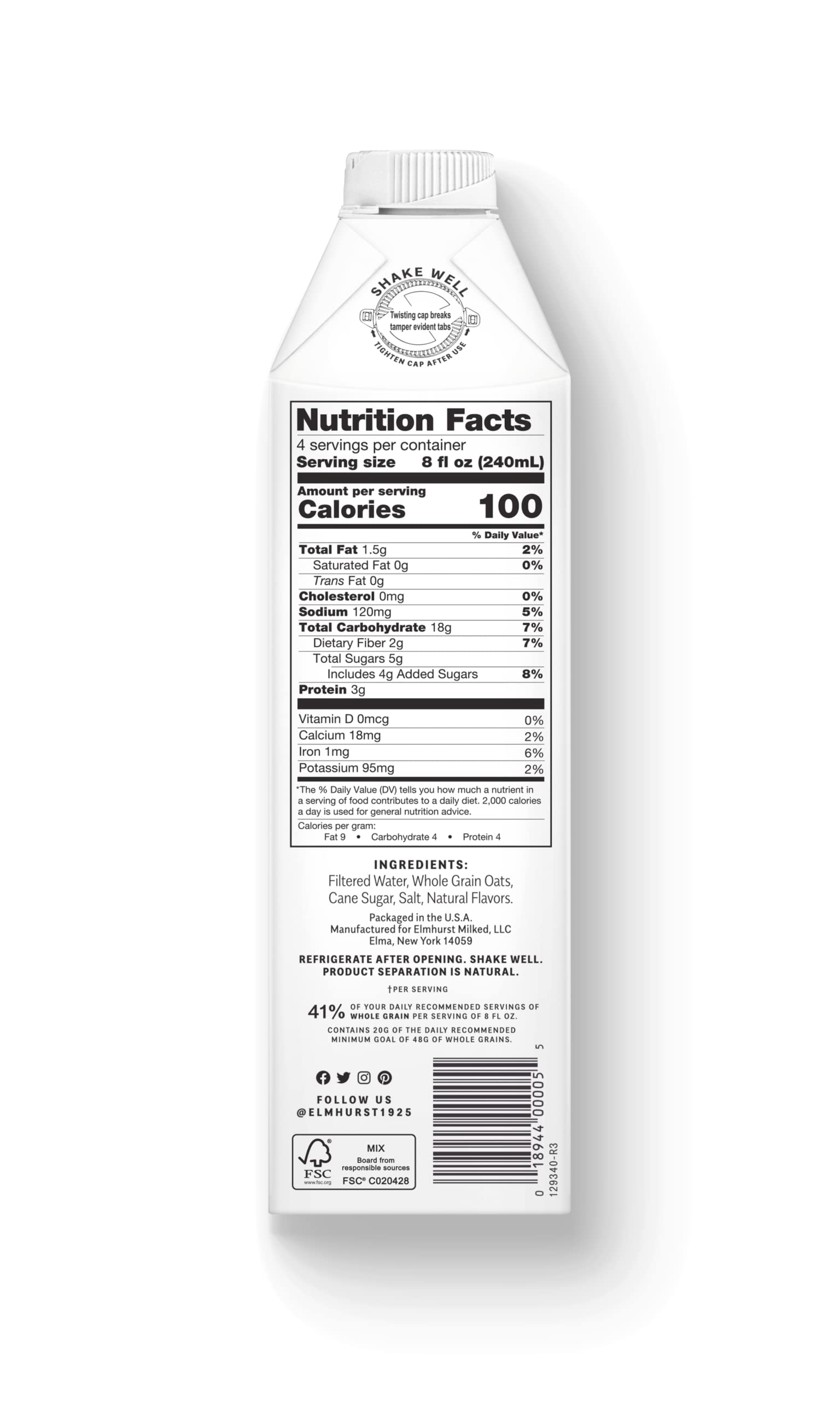 Elmhurst 1925 Milked Oats Sweetened Oat Milk, Dairy Free, Vegan, 32 Ounce (Pack of 6)