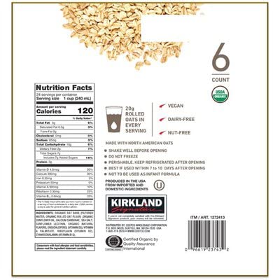 Kirkland Signature Oat Organic Non-Dairy Beverage - Made With Rolled Oats - 2g Rolled Oats in Every Serving - Ready Set Gourmet Donate a Meal Program - 2 Pack (192 Fl oz. Each)