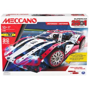 meccano, 25-in-1 motorized supercar stem model building kit with 347 parts, real tools and working lights, kids toys for ages 10 and up