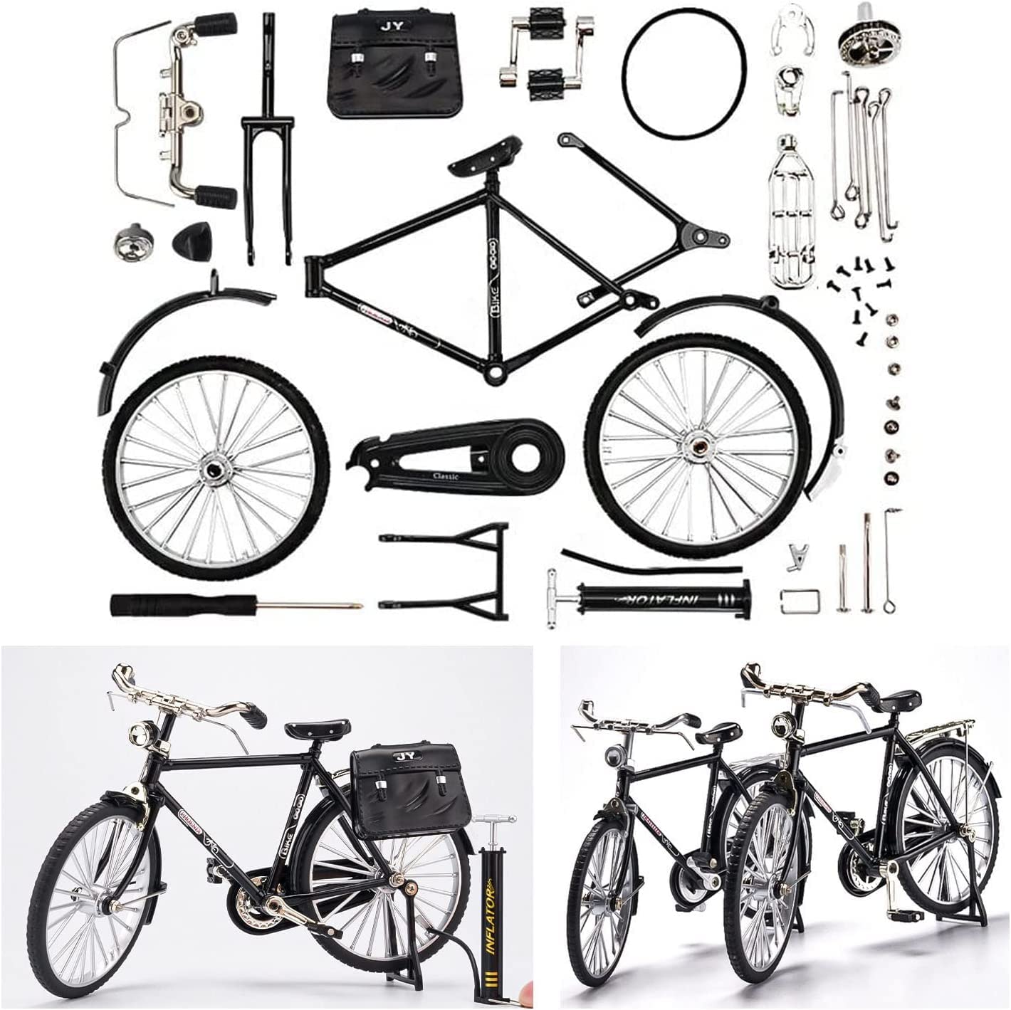 Vucootli 2023 DIY Retro Bicycle Model Ornament for Kids, 1:10 Simulation Mini Bicycle Model Scale Kit with Inflator and Briefcase, Finger Bike Models Toys, Creative Iron Art Tabletop Ornament Toys