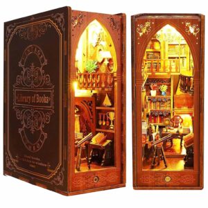 funle book nook kit for adult, diy miniature dollhouse booknook kit with led lights, 3d wooden puzzle bookend for house home library decor