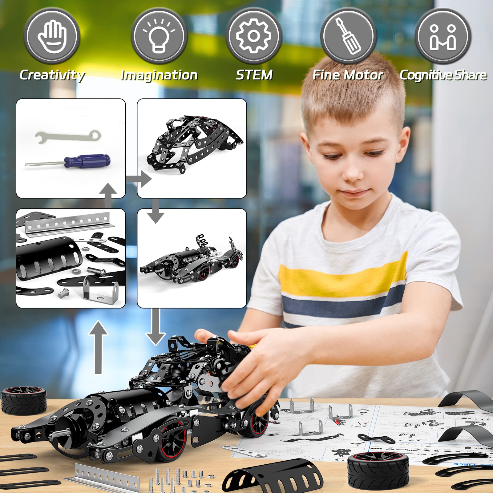 Lucky Doug STEM Building Projects Model Car Set for Boys Kids 8 9 10 11 12 Years Old, Metal Building STEM Kits Toys Science Set for Vehicle Fan