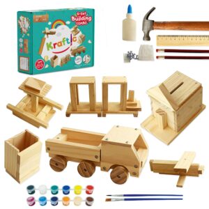 kraftic woodworking building kit for kids and adults, with 6 educational arts and crafts diy carpentry construction wood model kit toy projects for boys and girls