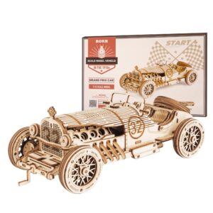 rokr 3d wooden puzzle for adults-mechanical car model kits-brain teaser puzzles-vehicle building kits-unique gift for kids on birthday/christmas day(1:16 scale)(mc401-grand prix car)