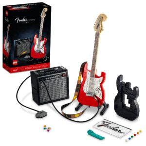 lego ideas fender stratocaster 21329 diy guitar model building set for music lovers, complete with 65 princeton reverb amplifier & authentic accessories, perfect way to rock gift giving