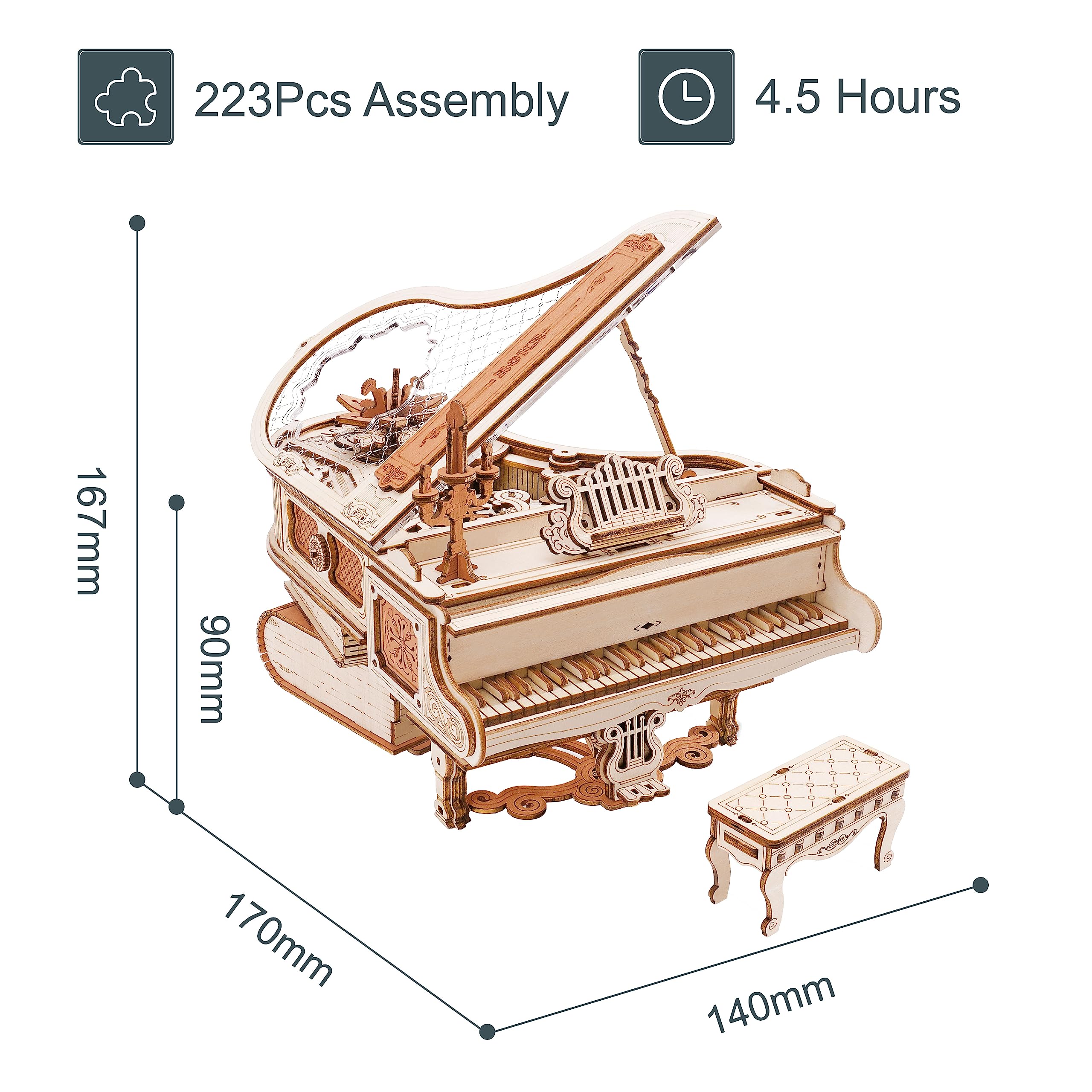 ROKR 3D Wooden Puzzles for Adults 223pcs Piano Model Kit 1:20 Scale Building Puzzles Wooden Music Box Unique Gift for Men Women Hobbies for Birthday Christmas