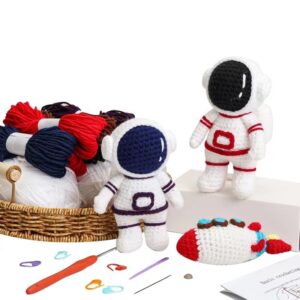 tfitsjoy crochet kit for beginners，beginner crochet kit with step-by-step video tutorials, diy crochet kit for beginners includes yarn, eyes, stuffing, croche (2pcs astronaut+rocket)…