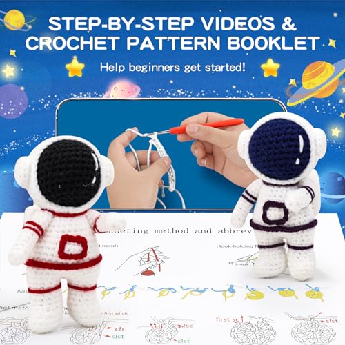 TFitsjoy Crochet Kit for Beginners，Beginner Crochet Kit with Step-by-Step Video Tutorials, DIY Crochet Kit for Beginners Includes Yarn, Eyes, Stuffing, Croche (2PCS Astronaut+Rocket)…