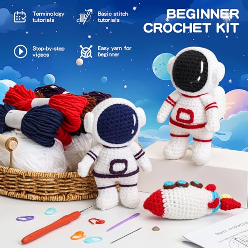 TFitsjoy Crochet Kit for Beginners，Beginner Crochet Kit with Step-by-Step Video Tutorials, DIY Crochet Kit for Beginners Includes Yarn, Eyes, Stuffing, Croche (2PCS Astronaut+Rocket)…