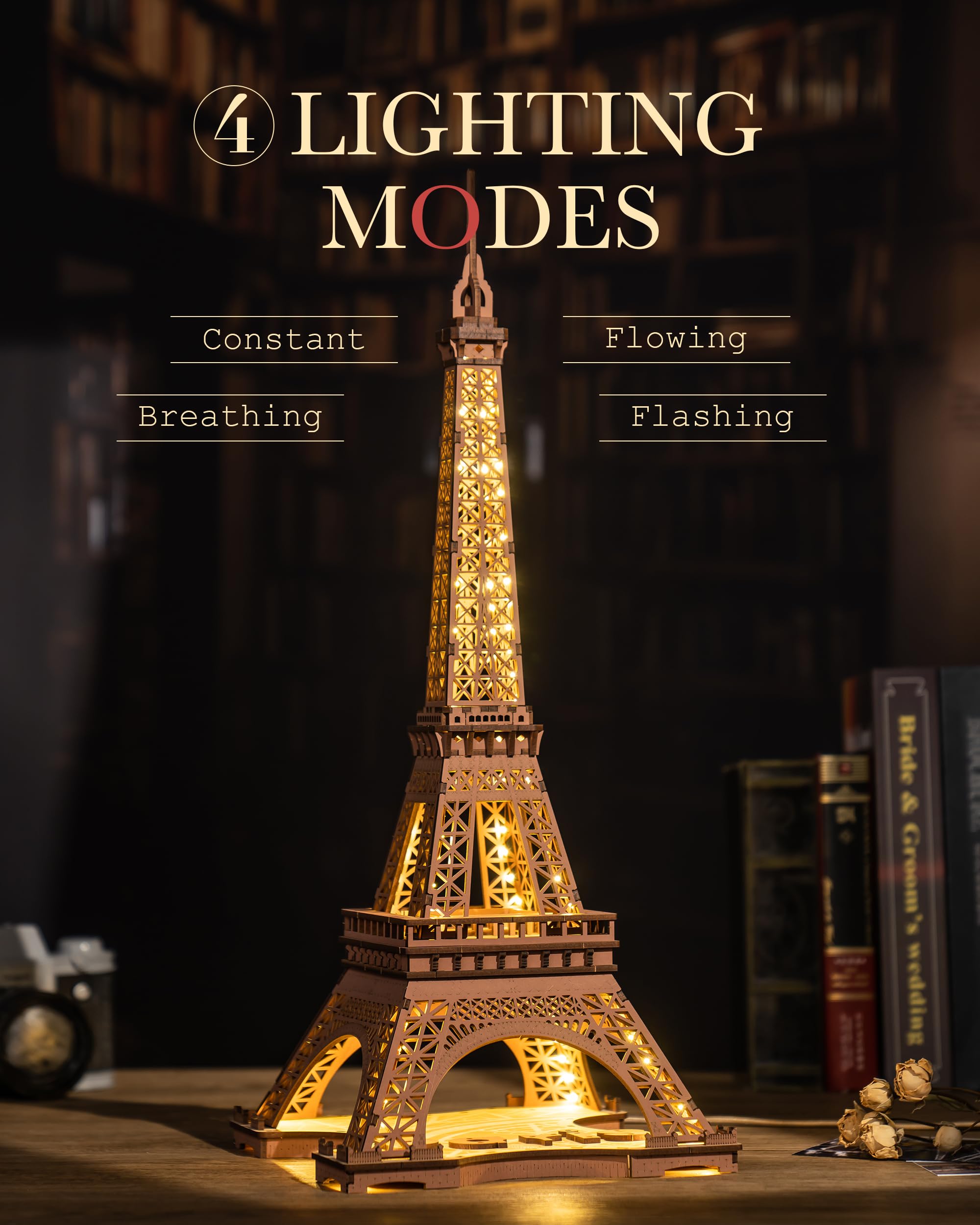 Rowood Eiffel Tower,3D Puzzle Model Kits for Adults,DIY 3D Wooden Puzzles for Adults,Builing Set with LED,Home Decoration Festival Gift Idea