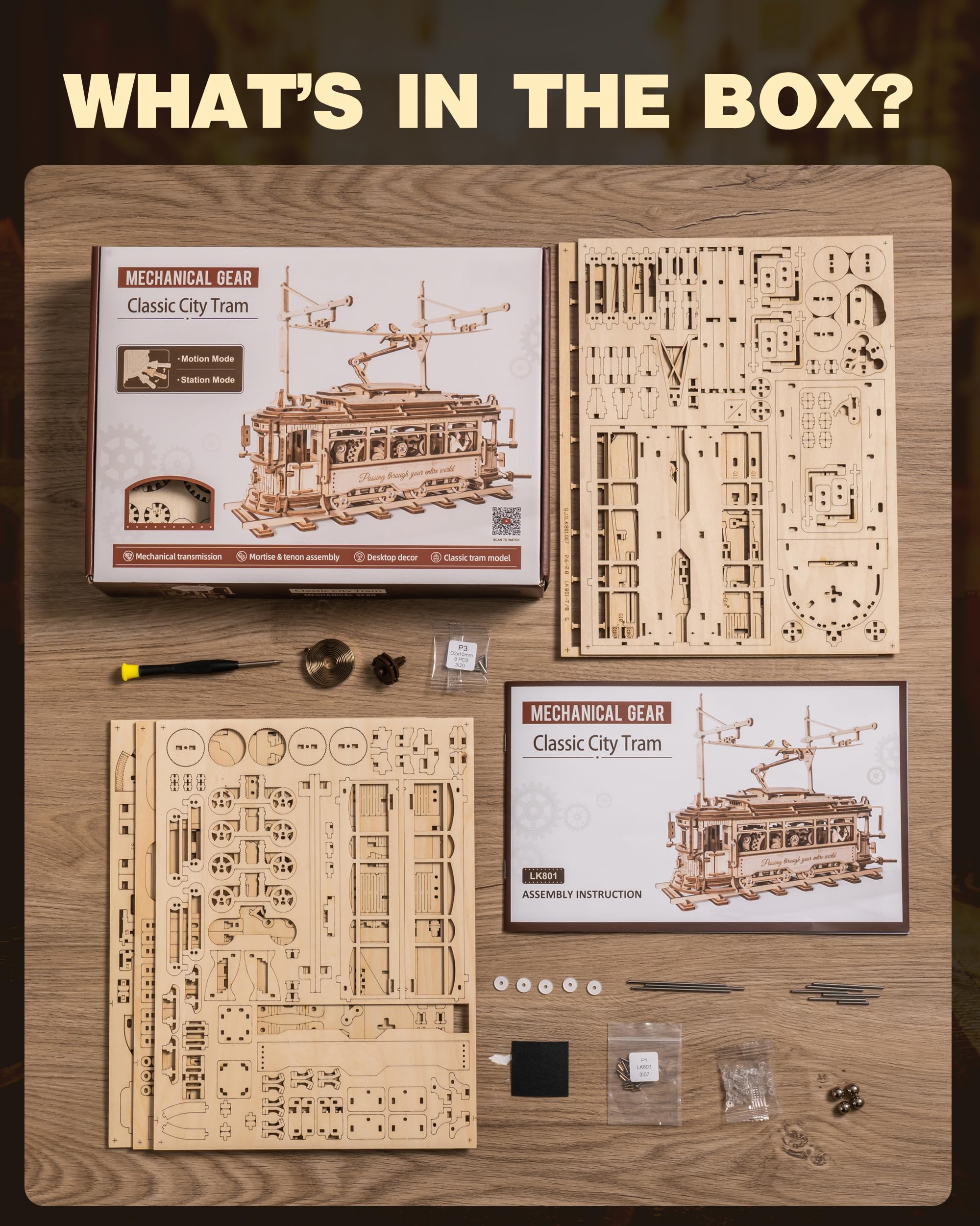 RoWood 3D Puzzles for Adults,Car Model Kit, 3D Wooden Puzzle Mechanical Tram Model,Wood Building Kit, Assembly Time 5H,Unique Gifts for Teens&Adults