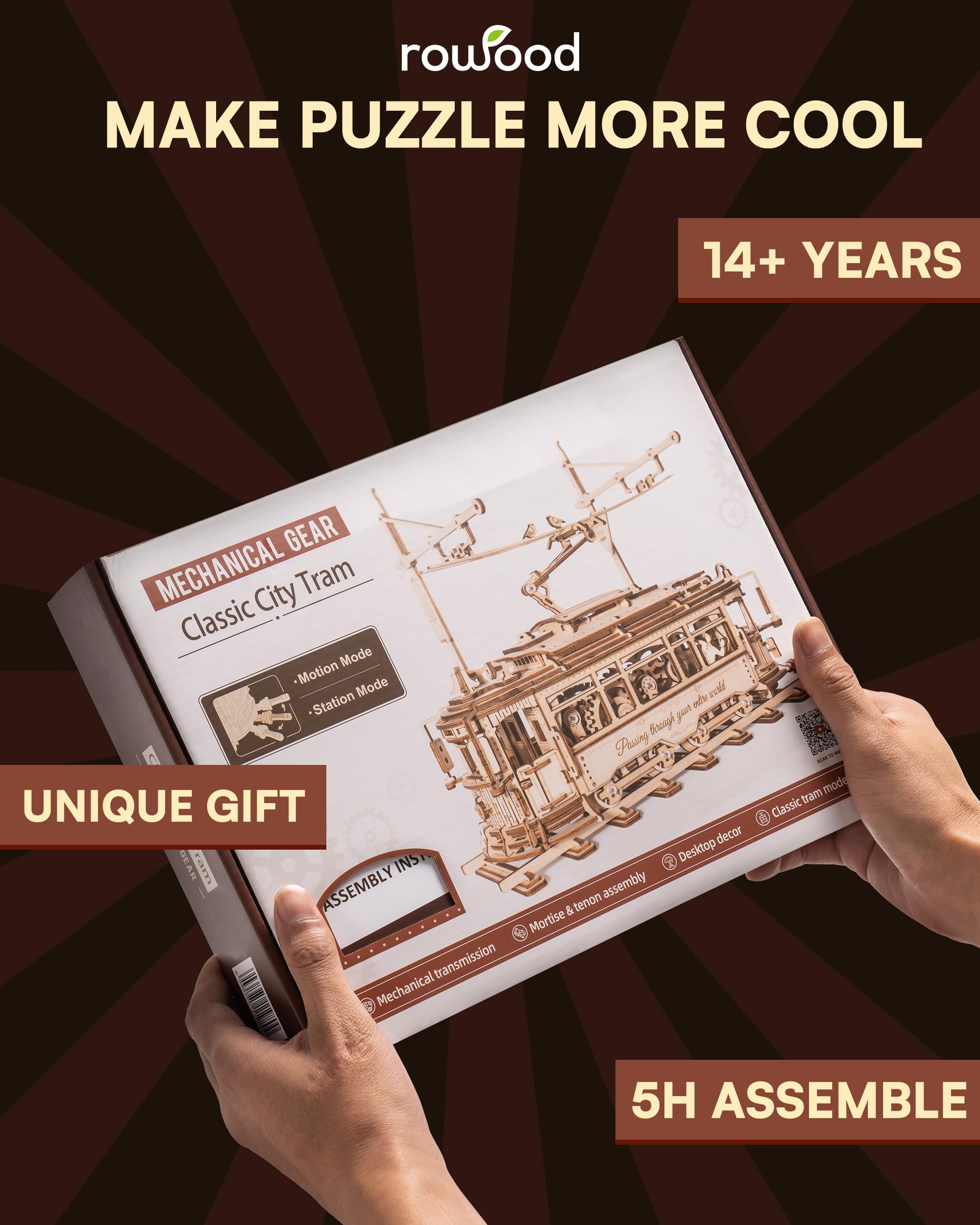 RoWood 3D Puzzles for Adults,Car Model Kit, 3D Wooden Puzzle Mechanical Tram Model,Wood Building Kit, Assembly Time 5H,Unique Gifts for Teens&Adults