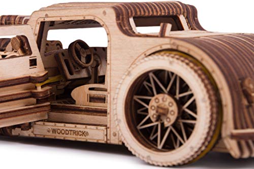 Wood Trick Hot Rod Wooden Model Car Kit to Build - Rides up to 32 feet - Detailed - 3D Wooden Puzzles for Adults and Kids to Build - Engineering DIY Mechanical Wood Model Kits for Adults