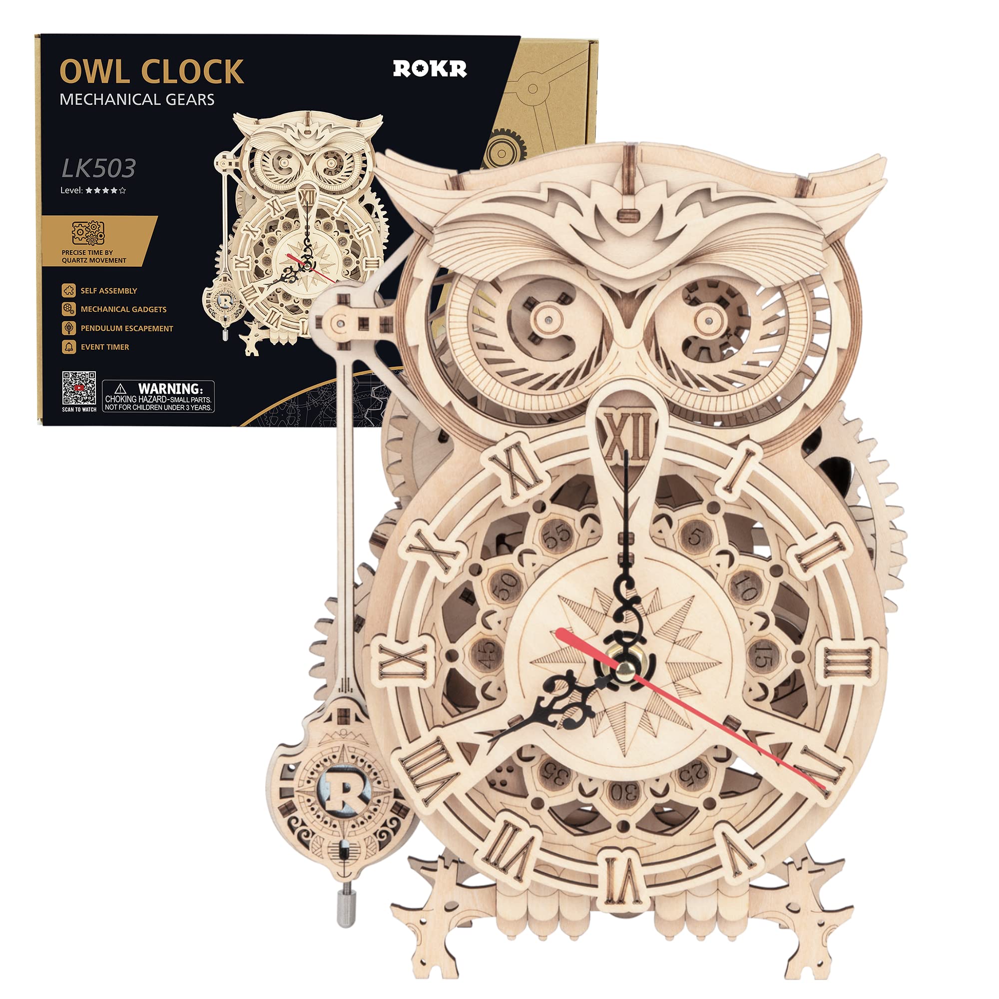 ROKR 3D Wooden Puzzle for Adults Owl Clock Model Kit Desk Clock Home Decor Unique Gift for Kids on Birthday/Christmas Day