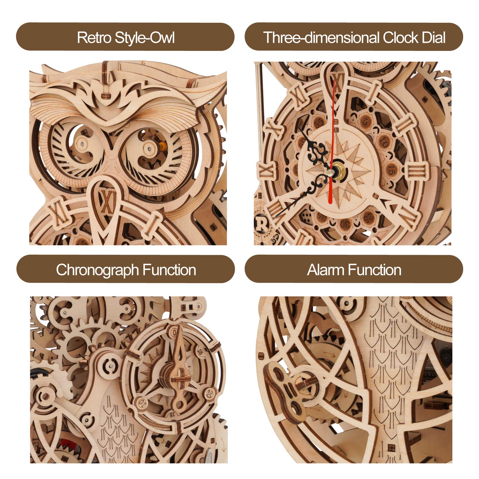 ROKR 3D Wooden Puzzle for Adults Owl Clock Model Kit Desk Clock Home Decor Unique Gift for Kids on Birthday/Christmas Day