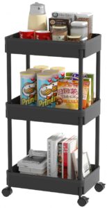 sooyee 3-tier plastic rolling utility cart with wheels, multi-functional storage trolley for office, living room, kitchen, movable storage organizer with wheels, black