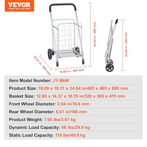 VEVOR Folding Shopping Cart, 110 lbs Static Load Capacity, Grocery Utility Cart with Rolling Swivel Wheels, Heavy Duty Foldable Laundry Basket Trolley Compact Lightweight Collapsible Luggage, Silver