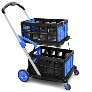 oswin double layer folding shopping cart, foldable portable trolley, utility cart with shoping baskets, office folding cart with wheels, multi use functional collapsible carts for supermarket