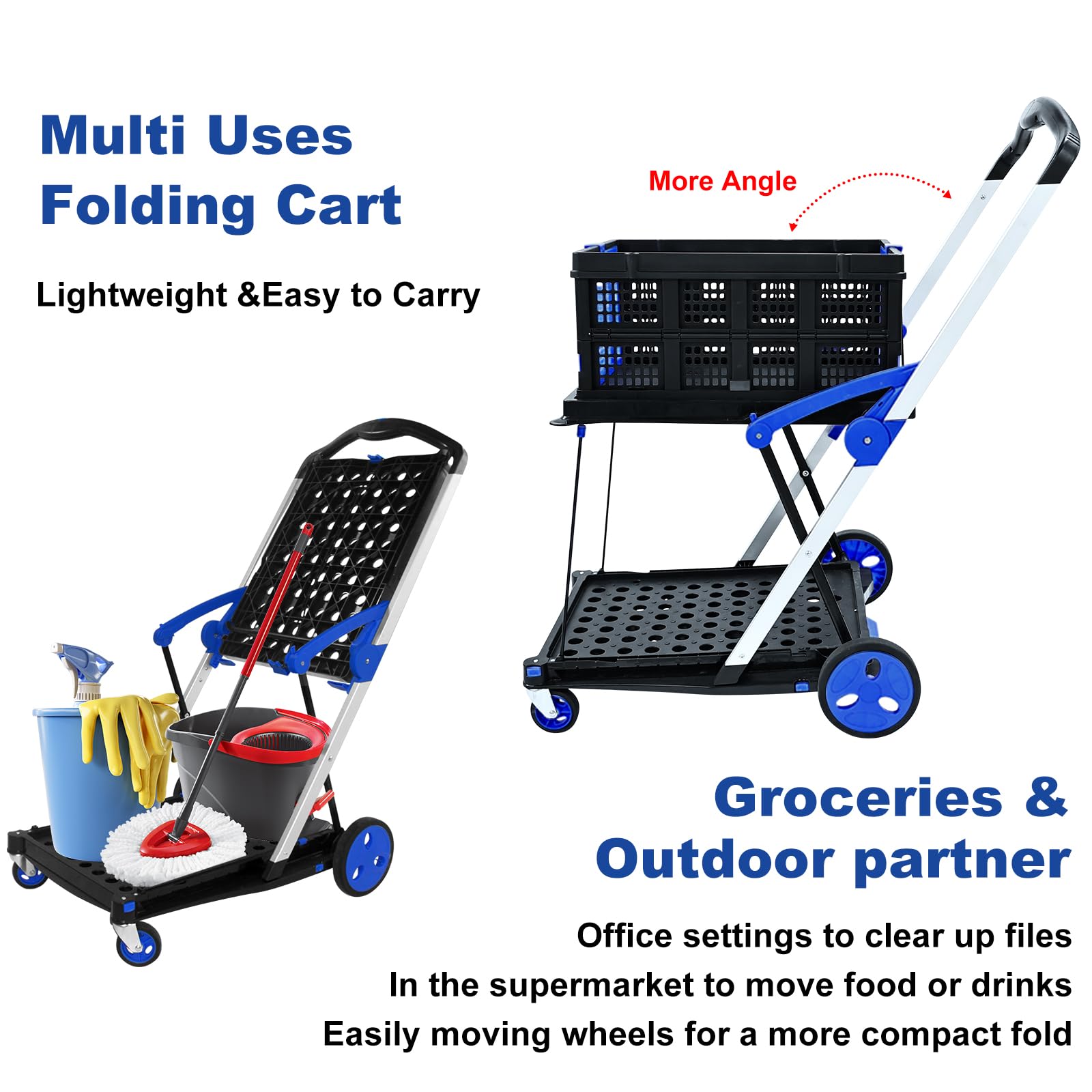 OSWIN Double Layer Folding Shopping Cart, Foldable Portable Trolley, Utility Cart with Shoping Baskets, Office Folding Cart with Wheels, Multi Use Functional Collapsible Carts for Supermarket