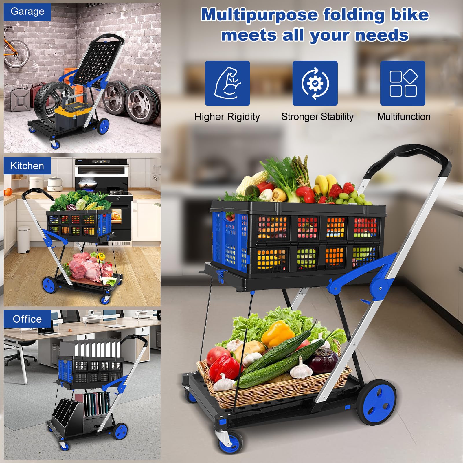 OSWIN Double Layer Folding Shopping Cart, Foldable Portable Trolley, Utility Cart with Shoping Baskets, Office Folding Cart with Wheels, Multi Use Functional Collapsible Carts for Supermarket