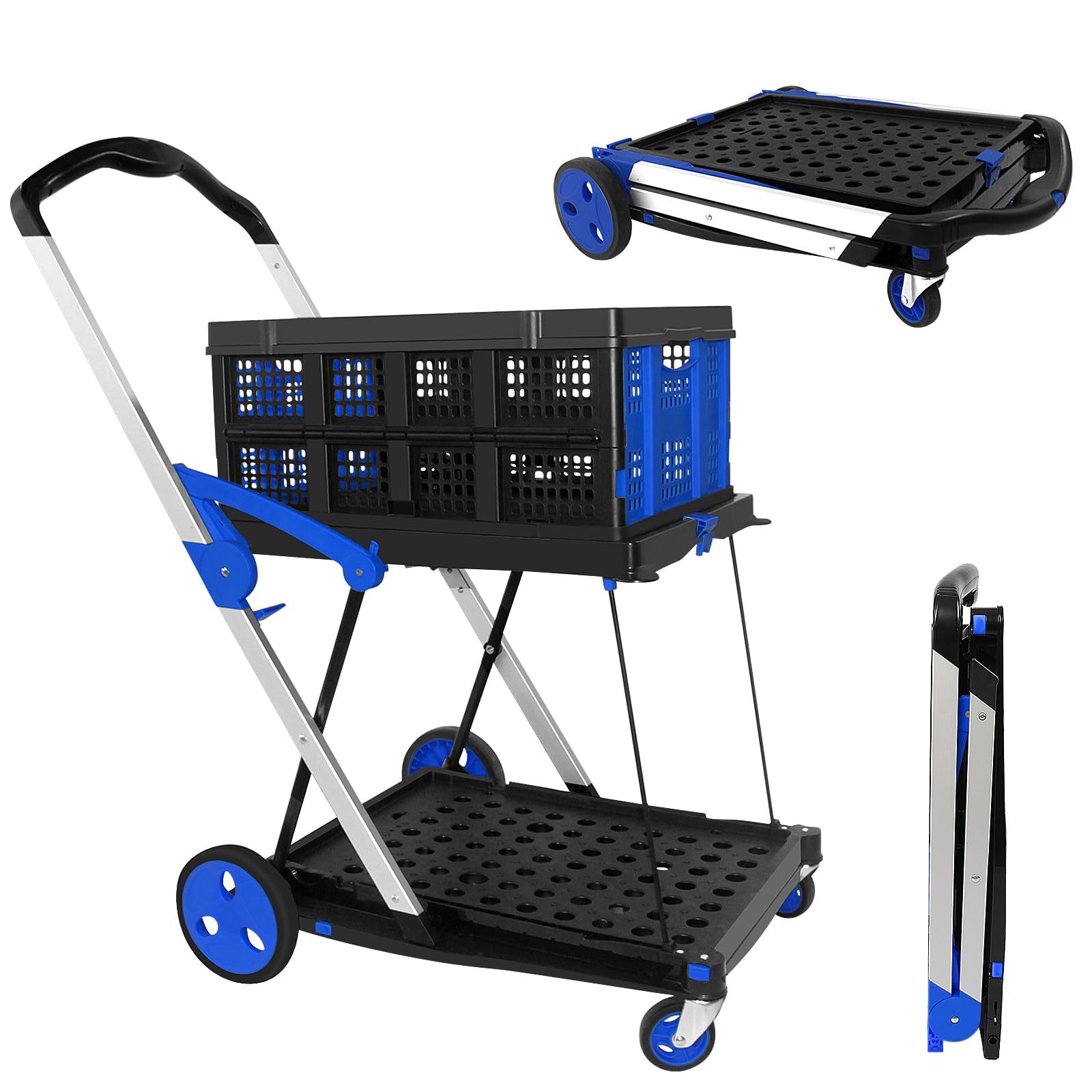 OSWIN Double Layer Folding Shopping Cart, Foldable Portable Trolley, Utility Cart with Shoping Baskets, Office Folding Cart with Wheels, Multi Use Functional Collapsible Carts for Supermarket