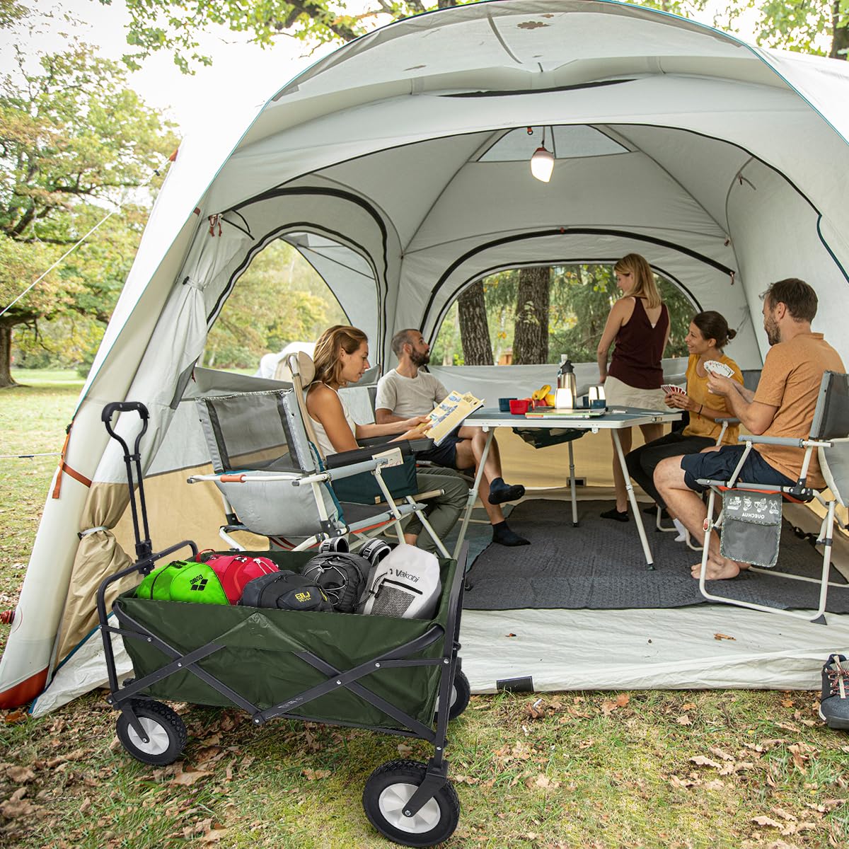 Lifetime Home Collapsible Foldable Heavy Duty Utility Wagon Cart with Larger Capacity - Perfect for Shopping, Sports Events, Grocery, Moving, Camping, Laundry, Beach - GREEN