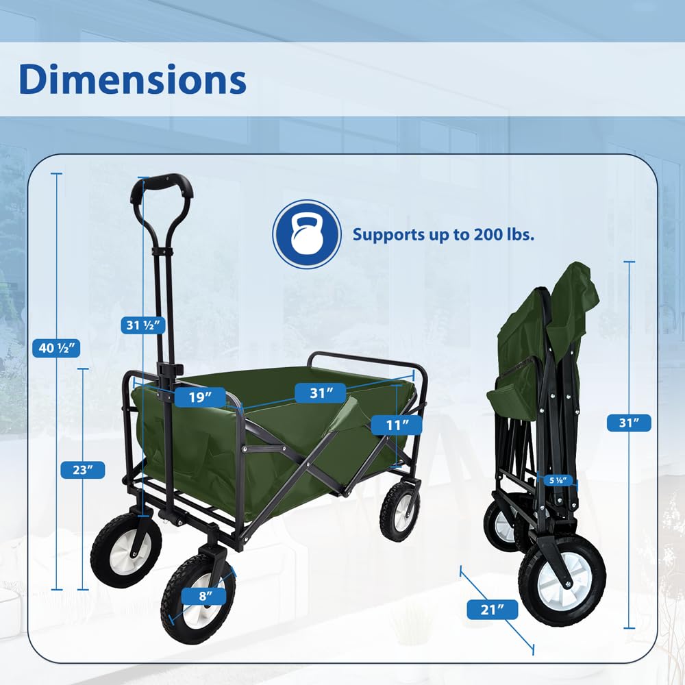 Lifetime Home Collapsible Foldable Heavy Duty Utility Wagon Cart with Larger Capacity - Perfect for Shopping, Sports Events, Grocery, Moving, Camping, Laundry, Beach - GREEN