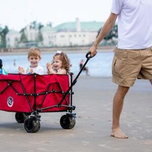 Collapsible Beach Wagon Large 220 lbs Capacity, Heavy Duty 40-inch Folding Wagon Cart with Big All-Terrain Wheels, Second Deck Design with Straps, Outdoor Camping Garden Utility Wagon Yard Beach (Red)