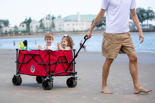 Collapsible Beach Wagon Large 220 lbs Capacity, Heavy Duty 40-inch Folding Wagon Cart with Big All-Terrain Wheels, Second Deck Design with Straps, Outdoor Camping Garden Utility Wagon Yard Beach (Red)