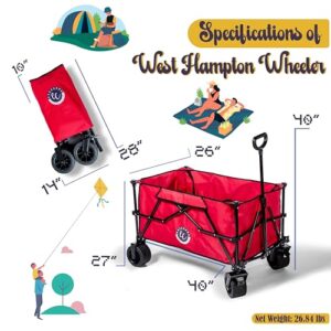 Collapsible Beach Wagon Large 220 lbs Capacity, Heavy Duty 40-inch Folding Wagon Cart with Big All-Terrain Wheels, Second Deck Design with Straps, Outdoor Camping Garden Utility Wagon Yard Beach (Red)