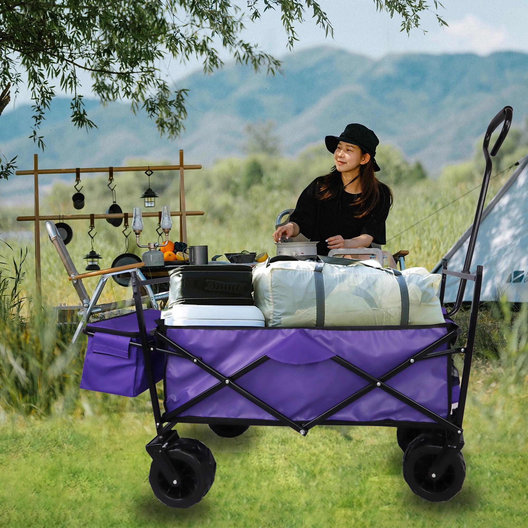 GOAWGO Collapsible Folding Garden Utility Wagon, Beach Cart Large Capacity,Heavy Duty Utility Beach Wagon Cart for Camping,Sports, Shopping (Purple)