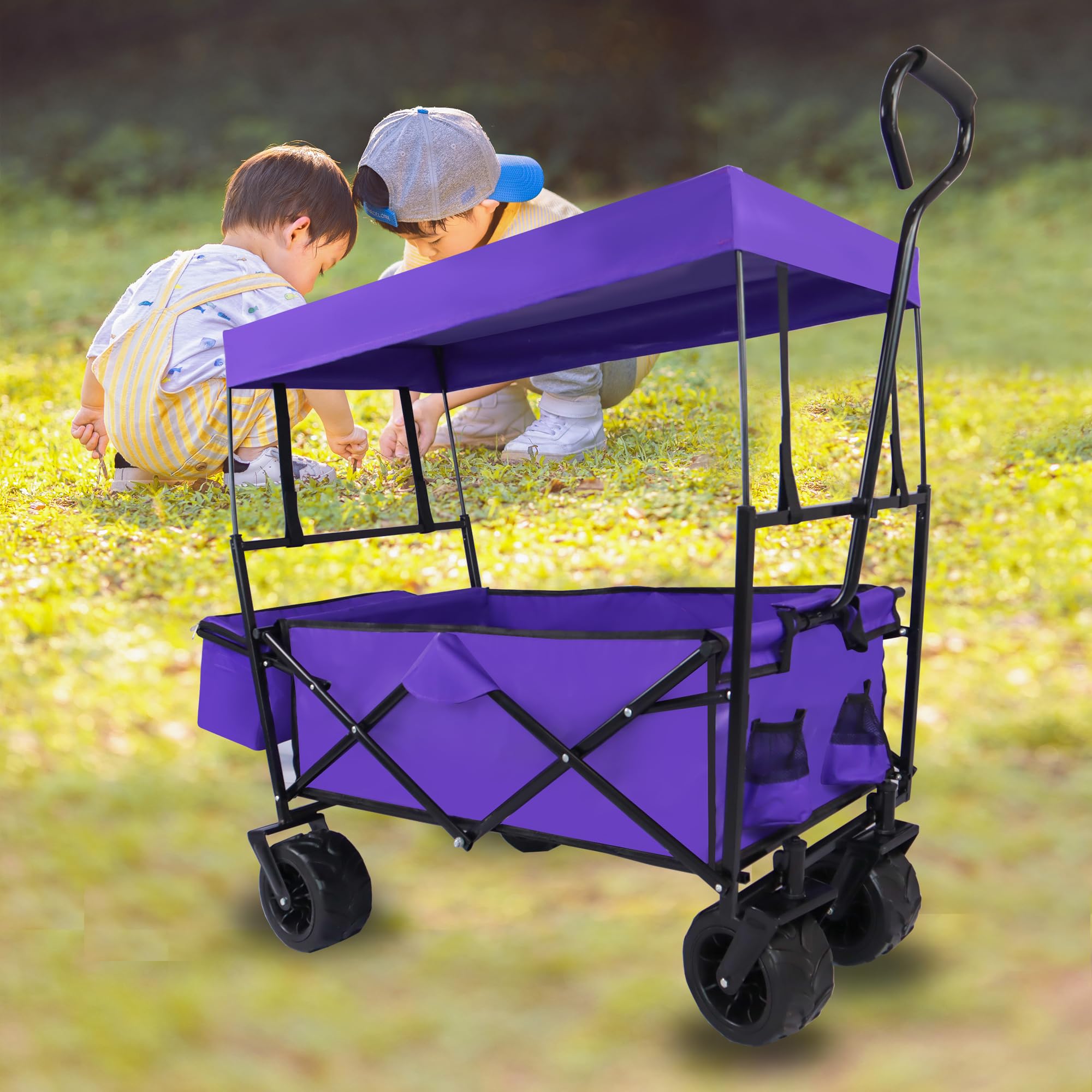 GOAWGO Collapsible Folding Garden Utility Wagon, Beach Cart Large Capacity,Heavy Duty Utility Beach Wagon Cart for Camping,Sports, Shopping (Purple)