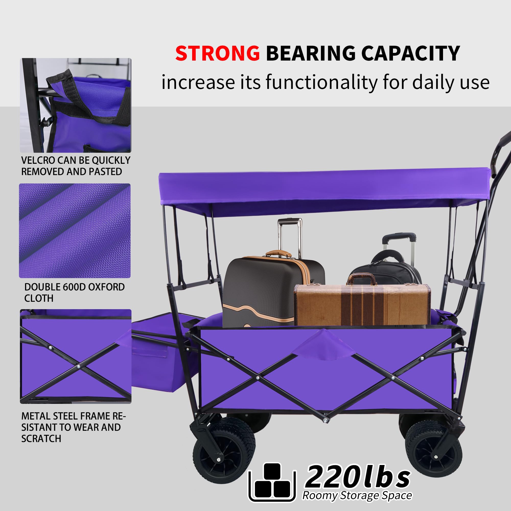 GOAWGO Collapsible Folding Garden Utility Wagon, Beach Cart Large Capacity,Heavy Duty Utility Beach Wagon Cart for Camping,Sports, Shopping (Purple)