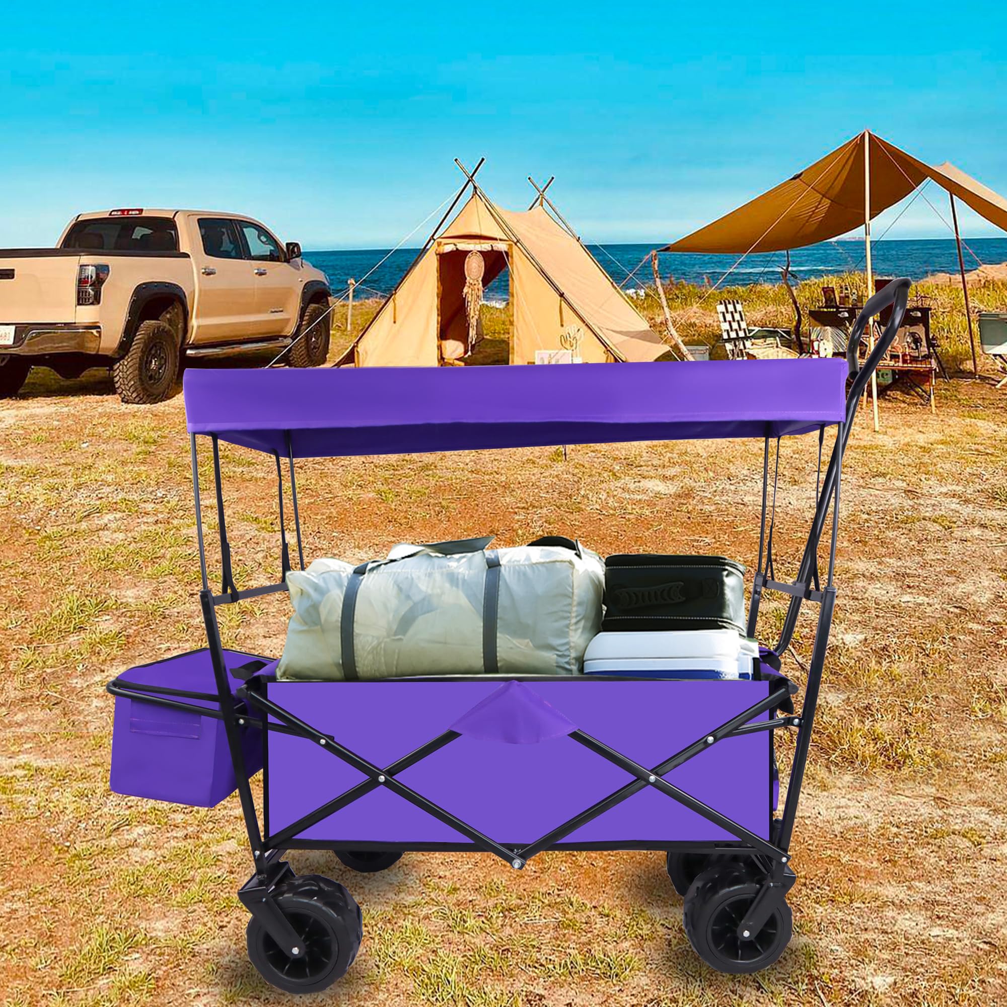 GOAWGO Collapsible Folding Garden Utility Wagon, Beach Cart Large Capacity,Heavy Duty Utility Beach Wagon Cart for Camping,Sports, Shopping (Purple)