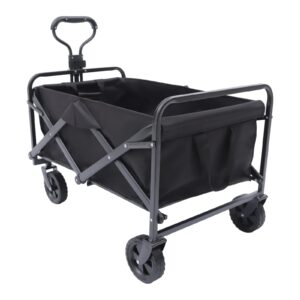 folding wagon cart, rubber wheel collapsible heavy duty utility beach wagon with 5" rubber wheels adjustable handle and 2 cup holders for outdoor activities beach camping garden