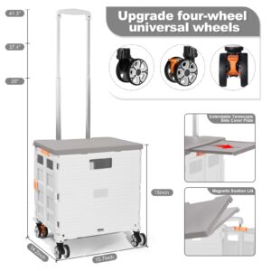 Foldable Utility Cart Collapsible Portable Tool Cart with Wheels Tote Basket,176LBS Load Capacity,Magnetic Lid Telescopic Cover with 360° Wheels Telescoping Handle for Grocery Laundry Luggage,White