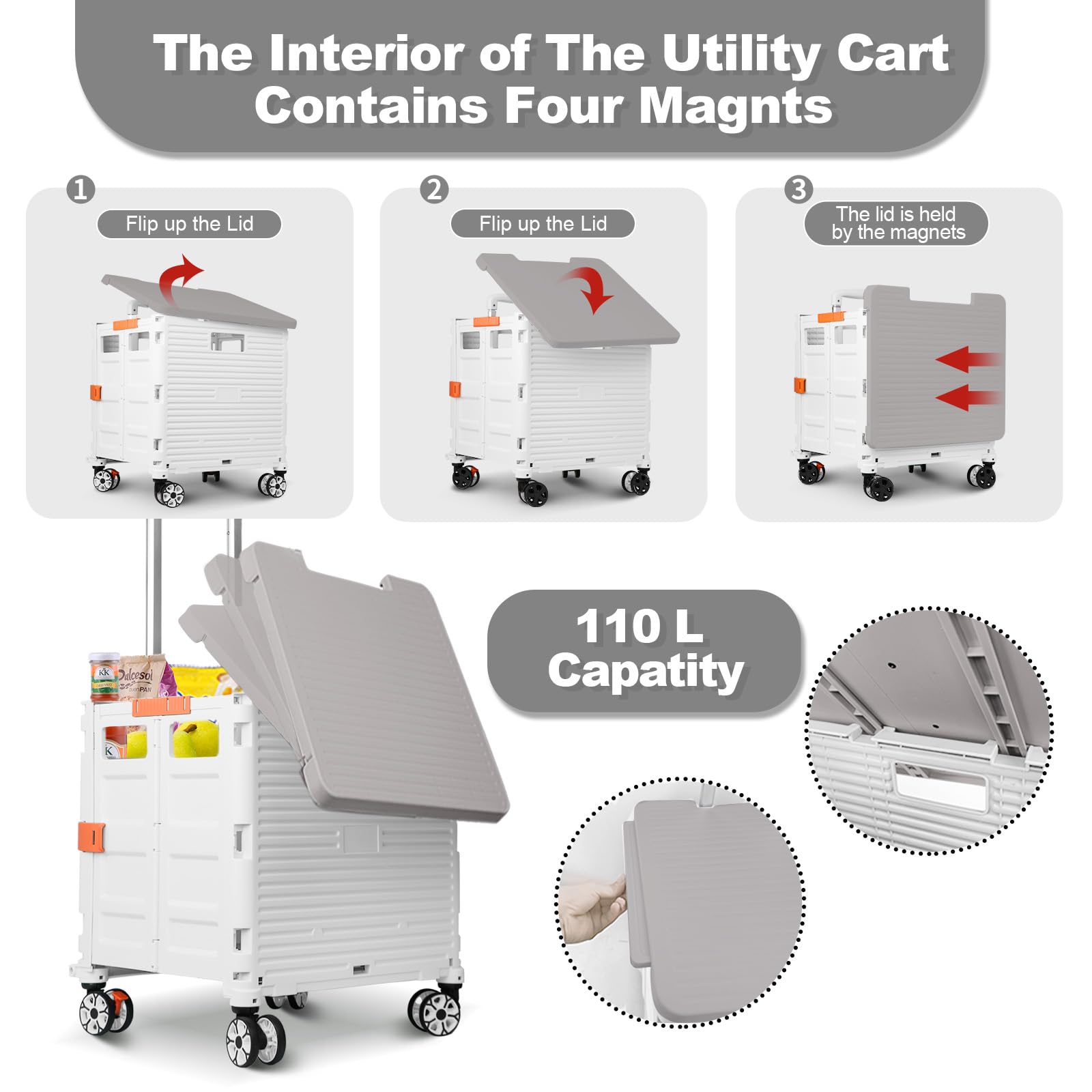 Foldable Utility Cart Collapsible Portable Tool Cart with Wheels Tote Basket,176LBS Load Capacity,Magnetic Lid Telescopic Cover with 360° Wheels Telescoping Handle for Grocery Laundry Luggage,White