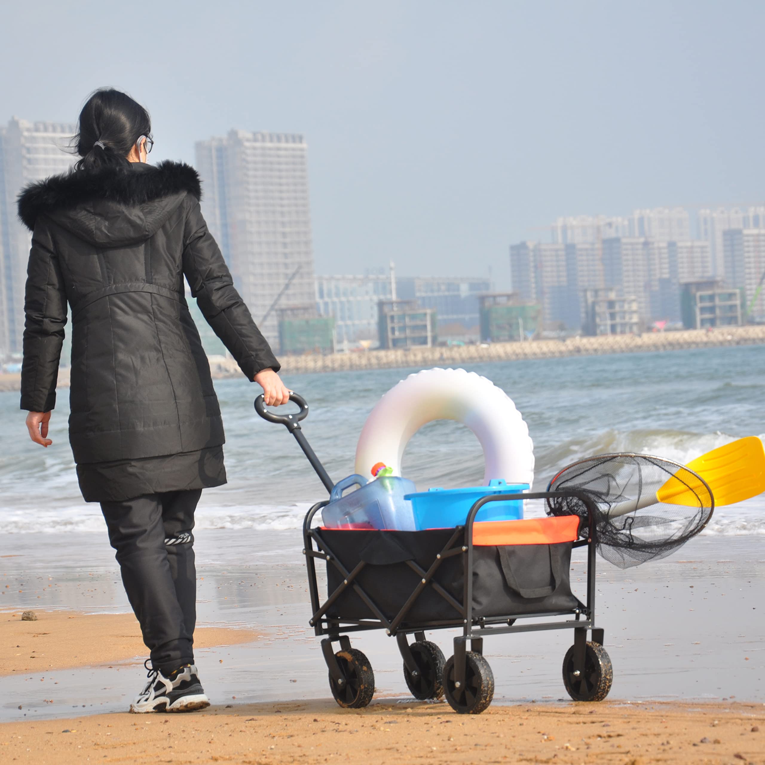 Collapsible Folding Wagon with 150Lbs Capacity, Outdoor Utility Wagon Cart with Wheels, Grocery Wagon for Sports, Camping, Garden and Shopping, 22" W X 13" D X 9" H Interior, Black