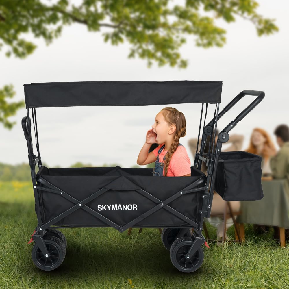 SKYMANOR Collapsible Garden Cart with Removable Canopy, 3-in-1 Utility Heavy Duty Wagon Cart with All-Terrain Wheels, Adjustable Handle, Seat Belt, 300LBS Folding Wagon for Camping(Black)