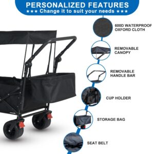 SKYMANOR Collapsible Garden Cart with Removable Canopy, 3-in-1 Utility Heavy Duty Wagon Cart with All-Terrain Wheels, Adjustable Handle, Seat Belt, 300LBS Folding Wagon for Camping(Black)