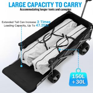 DELOTA Collapsible Foldable Wagon, Beach Wagon Cart Heavy Duty Foldable with 330lbs, Big All-Terrain Beach Wheels & Drink Holders, Lounge Wagon for Shopping, Sports, Camping and Garden