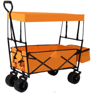 heavy duty collapsible cart, foldable cart outdoor utility wagon w/4 * 7'' all-terrain wheels & adjustable handle & extra canopy & 2 mesh bags for camping fishing, dog wagon (orange)