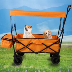 Heavy Duty Collapsible Cart, Foldable Cart Outdoor Utility Wagon w/4 * 7'' All-Terrain Wheels & Adjustable Handle & Extra Canopy & 2 Mesh Bags for Camping Fishing, Dog Wagon (Orange)