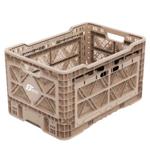 bigant heavy duty collapsible & stackable plastic milk crate-medium size, tan, stackable open front organizer, snap lock foldable industrial garage storage bin container utility basket