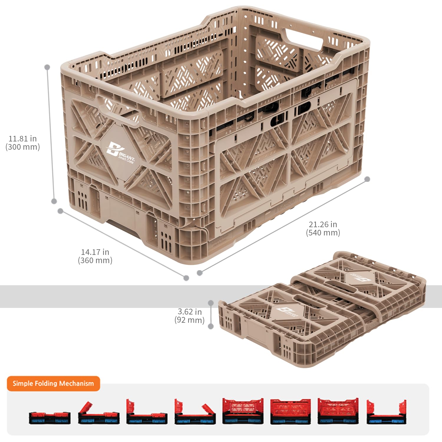 Bigant Heavy Duty Collapsible & Stackable Plastic Milk Crate-Medium Size, Tan, Stackable Open Front Organizer, Snap Lock Foldable Industrial Garage Storage Bin Container Utility Basket