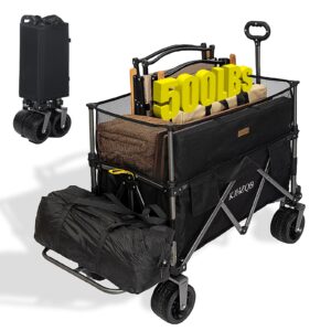 foldable wagon cart with wheels, collapsible foldable extended wagon with 500lbs weight capacity, 600l heavy duty folding utility garden cart, big all-terrain beach wheels and 4 side pockets