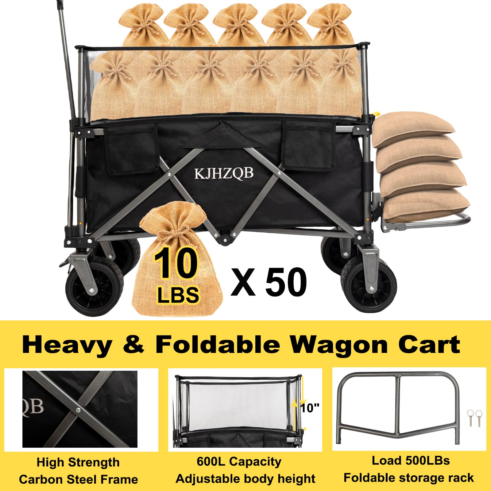 Foldable Wagon Cart with Wheels, Collapsible Foldable Extended Wagon with 500lbs Weight Capacity, 600L Heavy Duty Folding Utility Garden Cart, Big All-Terrain Beach Wheels and 4 Side Pockets