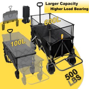 Foldable Wagon Cart with Wheels, Collapsible Foldable Extended Wagon with 500lbs Weight Capacity, 600L Heavy Duty Folding Utility Garden Cart, Big All-Terrain Beach Wheels and 4 Side Pockets