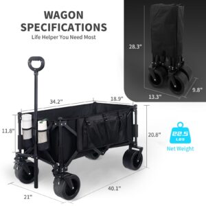 Collapsible Folding Wagon, Beach Wagon Cart Heavy Duty Foldable with Big All-Terrain Beach Wheels for Sand, Collapsible Outdoor/Garden Utility Wagon cart - 220lbs Weight Capacity