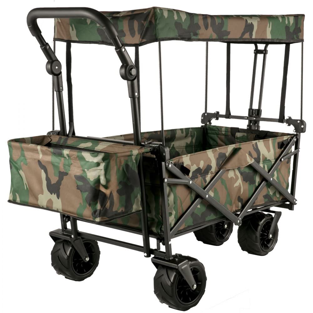 Collapsible Folding Wagon with Removable Canopy - Heavy Duty Utility Cart for Garden, Camping, and Beach with Wheels and Rear Storage - Camouflage